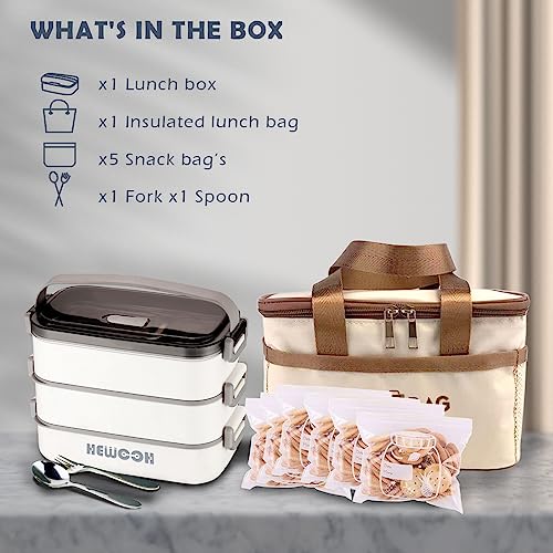 HEWOOH Bento Box Adult Lunch Box (74 Oz Large Capacity), Reusable, Including Lunch Bag, Fork And Spoon, 3 Dividers, Suitable For Work, Picnic, Dishwasher And Microwave Safe.(White)