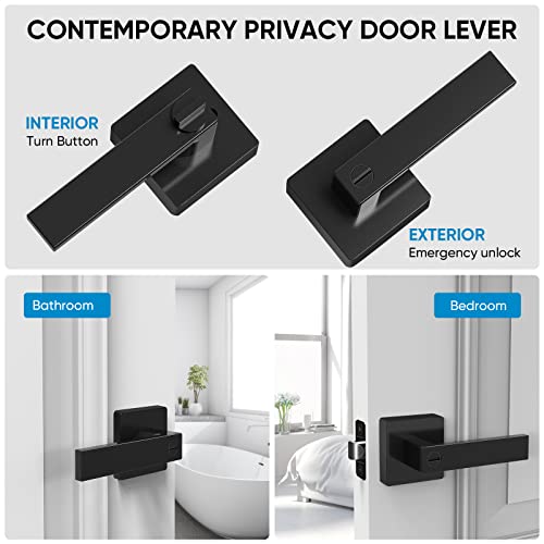 TICONN Black Door Handle Heavy Duty, Matte Black Reversible Square Door Lever for Bedroom, Bathroom and Rooms (Privacy, 1 Pack, Black)