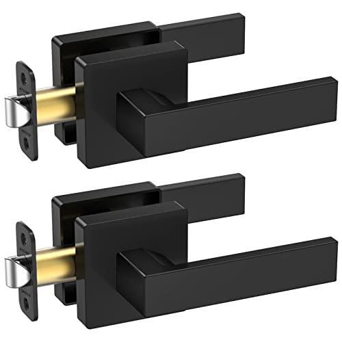 TICONN 2Pk Door Handle Heavy Duty, Reversible Square Door Lever for Bedroom, Bathroom and Rooms (Black, Passage, 2 Pack)