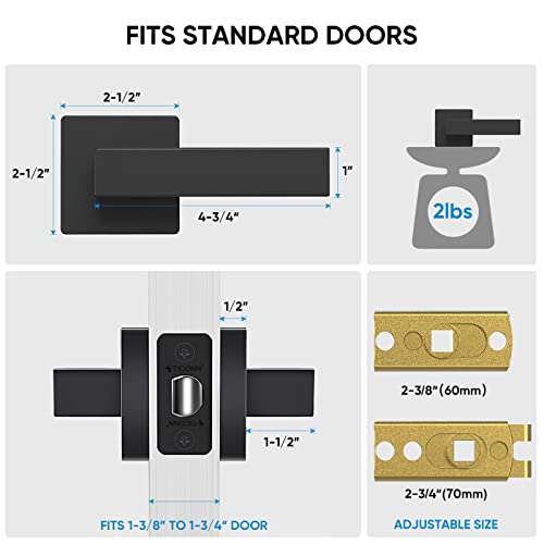 TICONN 2Pk Door Handle Heavy Duty, Reversible Square Door Lever for Bedroom, Bathroom and Rooms (Black, Passage, 2 Pack)