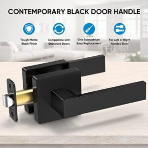 TICONN 2Pk Door Handle Heavy Duty, Reversible Square Door Lever for Bedroom, Bathroom and Rooms (Black, Passage, 2 Pack)