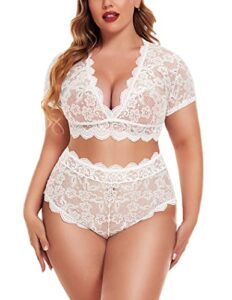 avidlove wedding lingerie for bride plus floral lace scallop trim lingerie set deep v allover lace bra panties set sexy clubwear (18 plus, white)