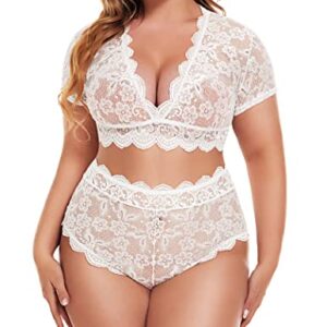 Avidlove Wedding Lingerie for Bride Plus Floral Lace Scallop Trim Lingerie Set Deep V Allover Lace Bra Panties Set Sexy Clubwear (18 Plus, White)