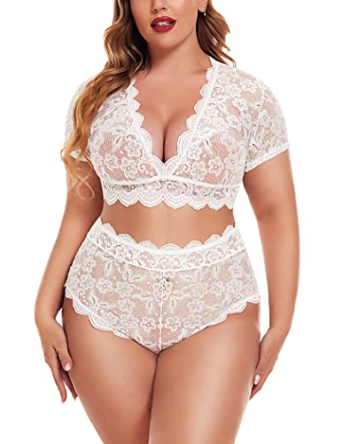 Avidlove Wedding Lingerie for Bride Plus Floral Lace Scallop Trim Lingerie Set Deep V Allover Lace Bra Panties Set Sexy Clubwear (18 Plus, White)