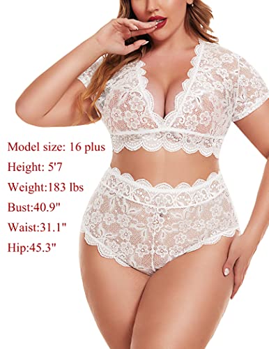 Avidlove Wedding Lingerie for Bride Plus Floral Lace Scallop Trim Lingerie Set Deep V Allover Lace Bra Panties Set Sexy Clubwear (18 Plus, White)