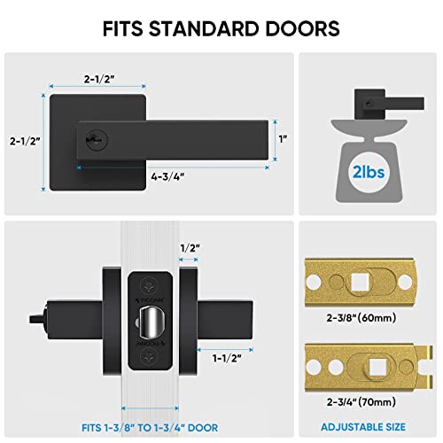 TICONN Door Handle Heavy Duty, Reversible Square Door Lever for Bedroom, Bathroom and Rooms (Black, Keyed Entry - Keyed Alike)