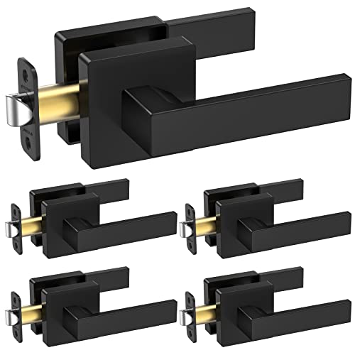 TICONN 5Pk Door Handle Heavy Duty, Reversible Square Door Lever for Bedroom, Bathroom and Rooms (Black, Passage, 5 Pack)