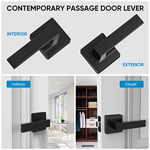 TICONN 5Pk Door Handle Heavy Duty, Reversible Square Door Lever for Bedroom, Bathroom and Rooms (Black, Passage, 5 Pack)