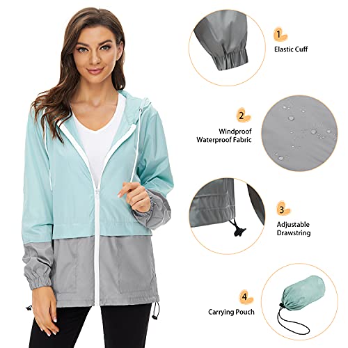 Zando Plus Size Rain Jacket Women with Hood Packable Raincoats for Adults Women Lightweight Rain Jackets for Women Waterproof Anorak Jacket Womens Windbreaker Jacket Mint Green XL