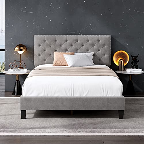 HOSTACK Full Size Bed Frame, Modern Upholstered Platform with Adjustable Headboard, Heavy Duty Button Tufted Frame Wood Slat Support, Easy Assembly, No Box Spring Needed (Grey, Full)