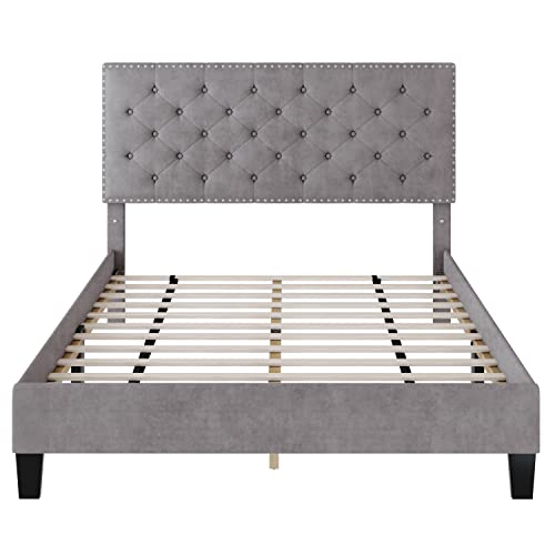 HOSTACK Full Size Bed Frame, Modern Upholstered Platform with Adjustable Headboard, Heavy Duty Button Tufted Frame Wood Slat Support, Easy Assembly, No Box Spring Needed (Grey, Full)