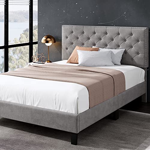 HOSTACK Full Size Bed Frame, Modern Upholstered Platform with Adjustable Headboard, Heavy Duty Button Tufted Frame Wood Slat Support, Easy Assembly, No Box Spring Needed (Grey, Full)