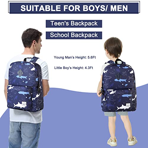 VASCHY Backpack for School, Lightweight Water Resistant Bookbag Casual Daypack for Man/Boys Shark