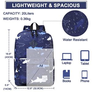 VASCHY Backpack for School, Lightweight Water Resistant Bookbag Casual Daypack for Man/Boys Shark