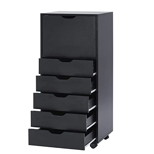 Naomi Home 6 Drawer Dresser for Bedroom, Stylish Tall Dressers with Wheels, Storage Shelves, Small Dresser for Closet, Makeup Dresser with 180 lbs Capacity - Black