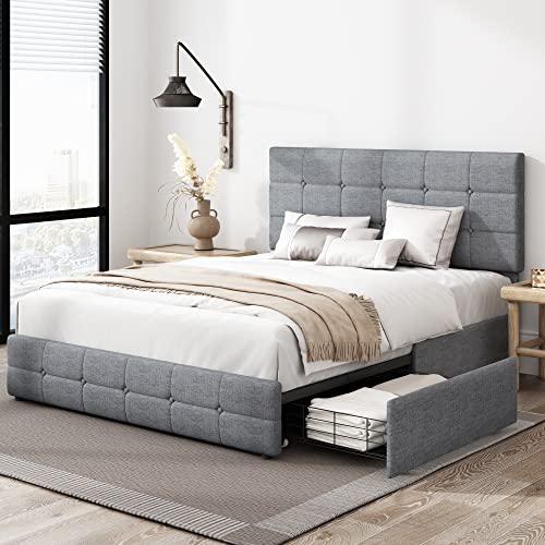 Keyluv Modern Upholstered Queen Bed Frame with 4 Storage Drawers, Platform Bed with Button Tufted Headboard, Solid Wooden Slat Support, Easy Assembly, Grey