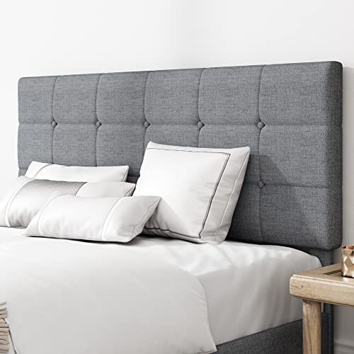 Keyluv Modern Upholstered Queen Bed Frame with 4 Storage Drawers, Platform Bed with Button Tufted Headboard, Solid Wooden Slat Support, Easy Assembly, Grey