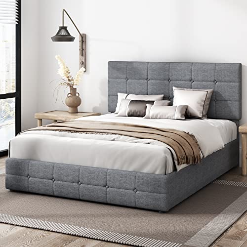 Keyluv Modern Upholstered Queen Bed Frame with 4 Storage Drawers, Platform Bed with Button Tufted Headboard, Solid Wooden Slat Support, Easy Assembly, Grey