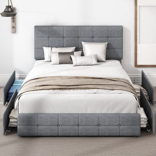 Keyluv Modern Upholstered Queen Bed Frame with 4 Storage Drawers, Platform Bed with Button Tufted Headboard, Solid Wooden Slat Support, Easy Assembly, Grey