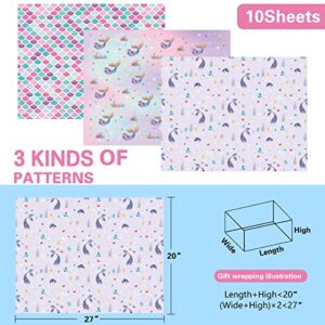 WERNNSAI Mermaid Wrapping Paper Sheets - 20'' x 27'' Gift Wrapping Paper 10 Sheets Packing Paper for Girls Birthday Christmas Baby Shower Party Supplies