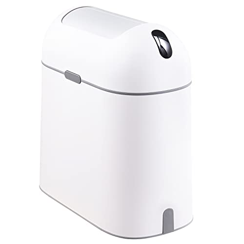 ELPHECO Motion Sensor Bathroom Trash Can, 2.5 Gallon Waterproof Trash Bin with Butterfly lid, Bathroom Waste Basket Garbage Bin for Bedroom Kitchen and Office use, White with Grey Button