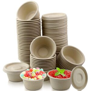 vmiapxo 60 sets 2oz natural bagasse fiber condiment cups with lids, compostable sauce condiment containers disposable paper dishes serving sample cups for snack tasting charcuterie