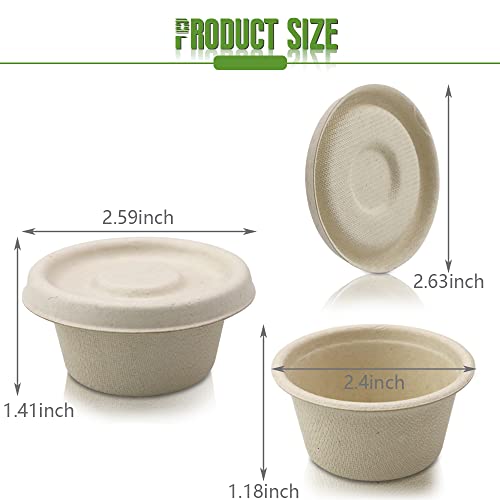 Vmiapxo 60 Sets 2oz Natural Bagasse Fiber Condiment Cups with Lids, Compostable Sauce Condiment Containers Disposable Paper Dishes Serving Sample Cups for Snack Tasting Charcuterie