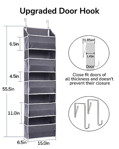 ULG 1 Pack Over Door Organizer with 5 Large Pockets 10 Mesh Side Pockets, 44 lbs Weight Capacity Hanging Storage Organizer with Clear Window Kids Toys, Shoes, Diapers, Dark Grey, 5 Layers