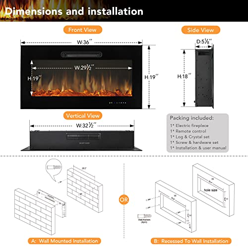 Circrane 36" Recessed Mounted Electric Fireplace, 750-1500W Insert Electric Heater with Adjustable Flame Color, Touch Control Panel & Remote Control, Log/Crystal Options