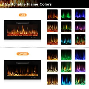 Circrane 36" Recessed Mounted Electric Fireplace, 750-1500W Insert Electric Heater with Adjustable Flame Color, Touch Control Panel & Remote Control, Log/Crystal Options