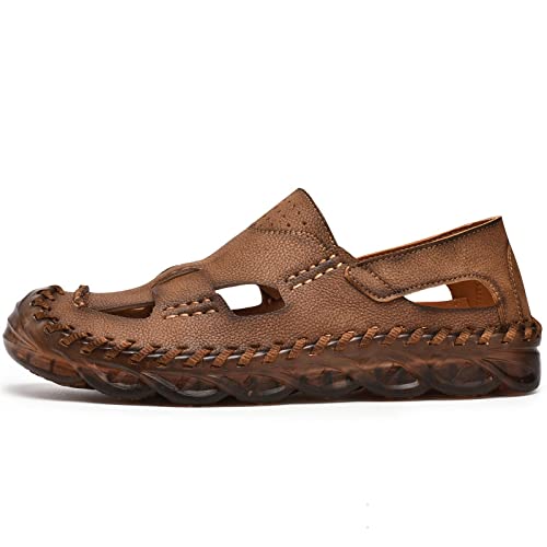 DZUJY Mens Closed Toe Leather Sandals For Men Breathable Summer Shoes Fisherman Men's Slippers Flip Flops Brown Big Size 11.5 Outdoor Casual Shoe Man Beach Sport Hiking Work Male