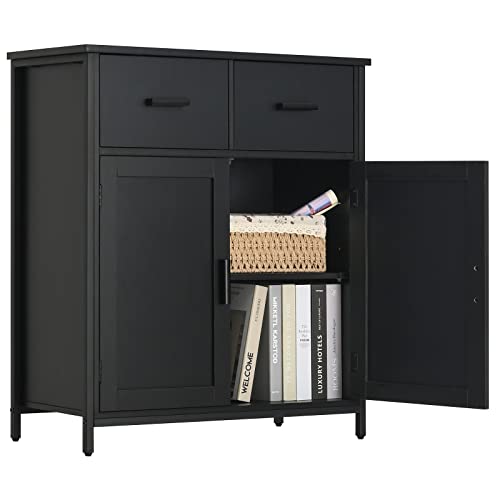 usikey Storage Cabinet, Industrial Floor Cabinet with 2 Drawers & Doors, Freestanding Storage Cabinet with 1 Shlef & Metal Frame, Sideboard, Accent Cupboard for Living Room, Bedroom, Kitchen, Black