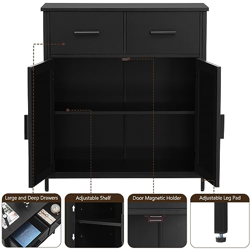 usikey Storage Cabinet, Industrial Floor Cabinet with 2 Drawers & Doors, Freestanding Storage Cabinet with 1 Shlef & Metal Frame, Sideboard, Accent Cupboard for Living Room, Bedroom, Kitchen, Black