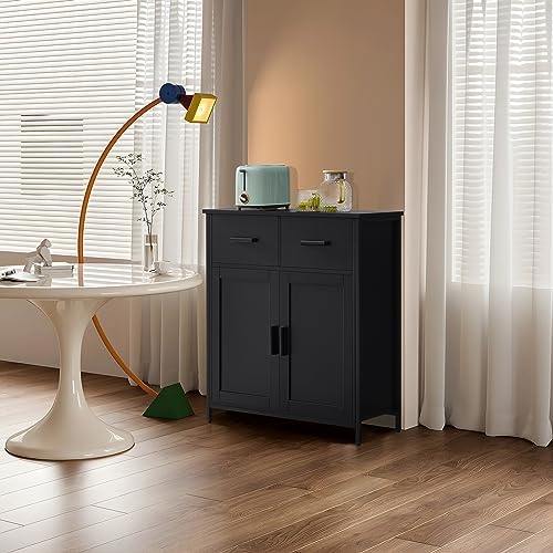 usikey Storage Cabinet, Industrial Floor Cabinet with 2 Drawers & Doors, Freestanding Storage Cabinet with 1 Shlef & Metal Frame, Sideboard, Accent Cupboard for Living Room, Bedroom, Kitchen, Black