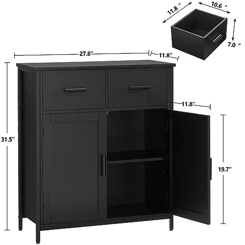 usikey Storage Cabinet, Industrial Floor Cabinet with 2 Drawers & Doors, Freestanding Storage Cabinet with 1 Shlef & Metal Frame, Sideboard, Accent Cupboard for Living Room, Bedroom, Kitchen, Black