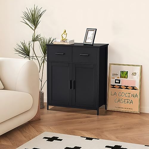 usikey Storage Cabinet, Industrial Floor Cabinet with 2 Drawers & Doors, Freestanding Storage Cabinet with 1 Shlef & Metal Frame, Sideboard, Accent Cupboard for Living Room, Bedroom, Kitchen, Black