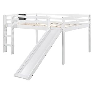 Harper & Bright Designs Full Loft Bed with Slide, Wood Low Loft Bed with Chalkboard, Ladder, Guardrail, Kids Loft Bed Frame for Boys & Girls (Full, White)