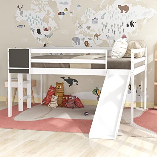 Harper & Bright Designs Full Loft Bed with Slide, Wood Low Loft Bed with Chalkboard, Ladder, Guardrail, Kids Loft Bed Frame for Boys & Girls (Full, White)