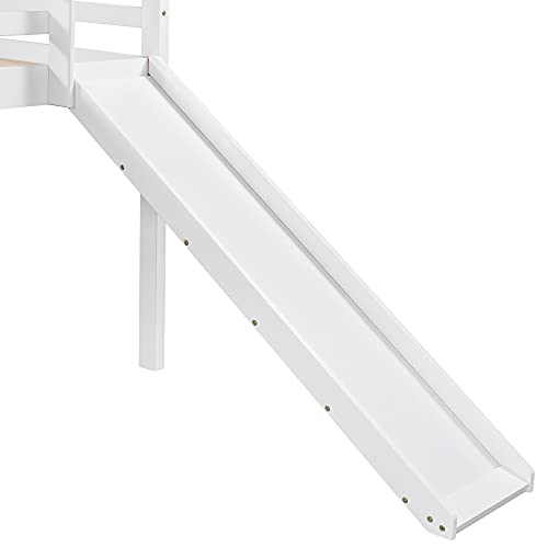 Harper & Bright Designs Full Loft Bed with Slide, Wood Low Loft Bed with Chalkboard, Ladder, Guardrail, Kids Loft Bed Frame for Boys & Girls (Full, White)