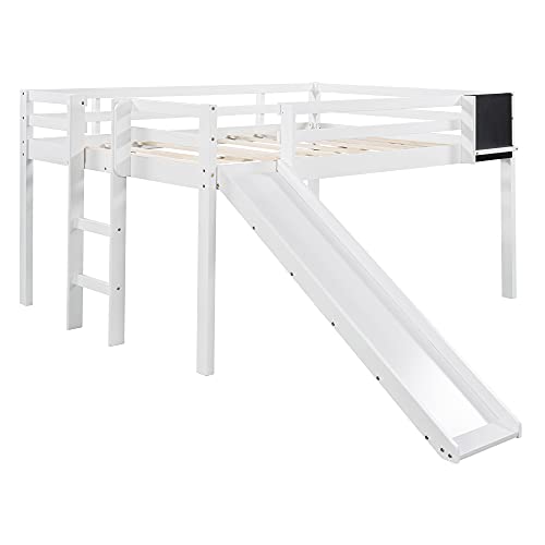 Harper & Bright Designs Full Loft Bed with Slide, Wood Low Loft Bed with Chalkboard, Ladder, Guardrail, Kids Loft Bed Frame for Boys & Girls (Full, White)