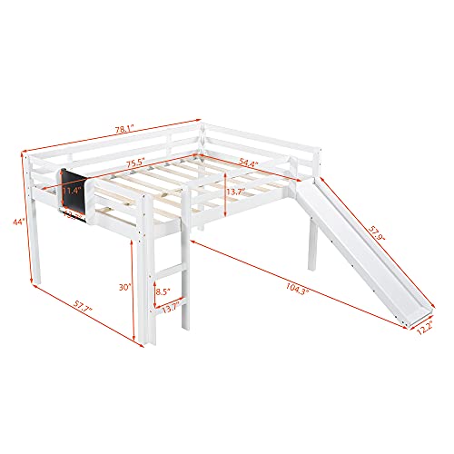 Harper & Bright Designs Full Loft Bed with Slide, Wood Low Loft Bed with Chalkboard, Ladder, Guardrail, Kids Loft Bed Frame for Boys & Girls (Full, White)