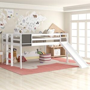 Harper & Bright Designs Full Loft Bed with Slide, Wood Low Loft Bed with Chalkboard, Ladder, Guardrail, Kids Loft Bed Frame for Boys & Girls (Full, White)