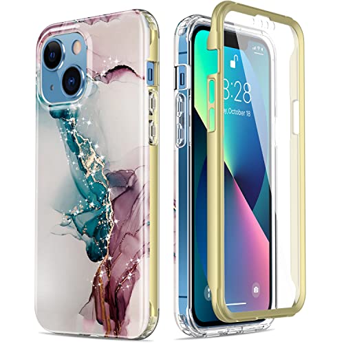 Esdot for iPhone 13 Case with Built-in Screen Protector,Military Grade Rugged Cover with Fashionable Designs for Women Girls,Protective Phone Case 6.1" Turquoise Pink Marble