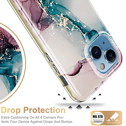 Esdot for iPhone 13 Case with Built-in Screen Protector,Military Grade Rugged Cover with Fashionable Designs for Women Girls,Protective Phone Case 6.1" Turquoise Pink Marble