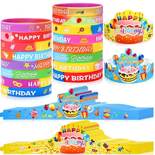 30 Packs Birthday Crowns Party Hats Colorful Birthday Hats and 32 Pcs Happy Birthday Rubber Bracelets Colored Silicone Stretch Wristbands for Kids Family Birthday Classroom School VBS Party Supplies