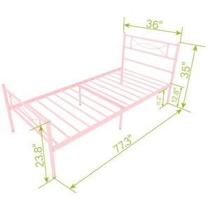 Pink Twin Bed Frame for Girls,Mattress Foundation Support with Headboard and Footboard No Box Spring Need Metal Platform Bed