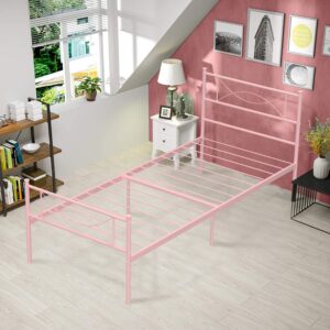 Pink Twin Bed Frame for Girls,Mattress Foundation Support with Headboard and Footboard No Box Spring Need Metal Platform Bed