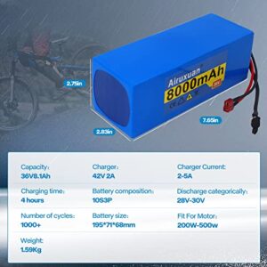 Airuxuan 36V 36V Battery 36V Ebike Battery 8Ah Electric Bike Battery 36V Lithium Battery with 2A Charger, T-Plug, XT60 Connector and BMS for 250-750W Electric Bicycles Motor