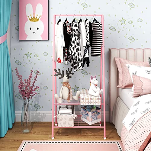 Jecpuo Clothes Rack with Shelves Heavy Duty Metal Garment Rack for bedroom clothing rack (Pink)