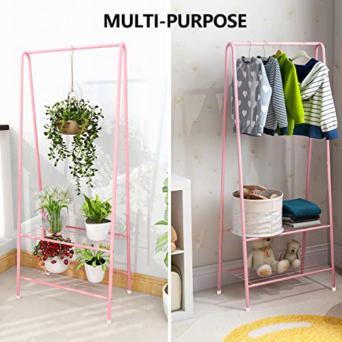 Jecpuo Clothes Rack with Shelves Heavy Duty Metal Garment Rack for bedroom clothing rack (Pink)